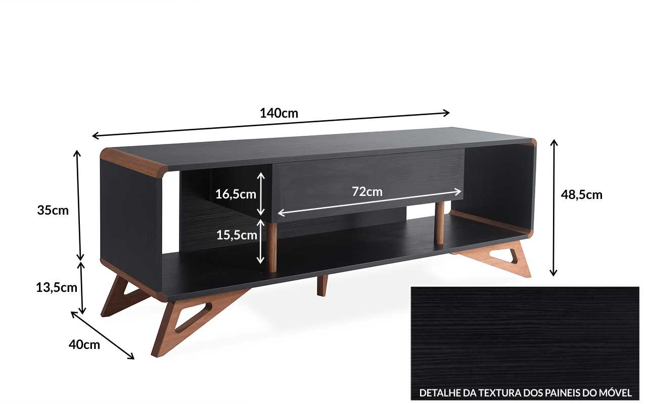 RACK PEQUENO PARA SALA PRESLEY PRETO 1 GAVETA STAIN JATOBÁ 140x40x48,5 ...