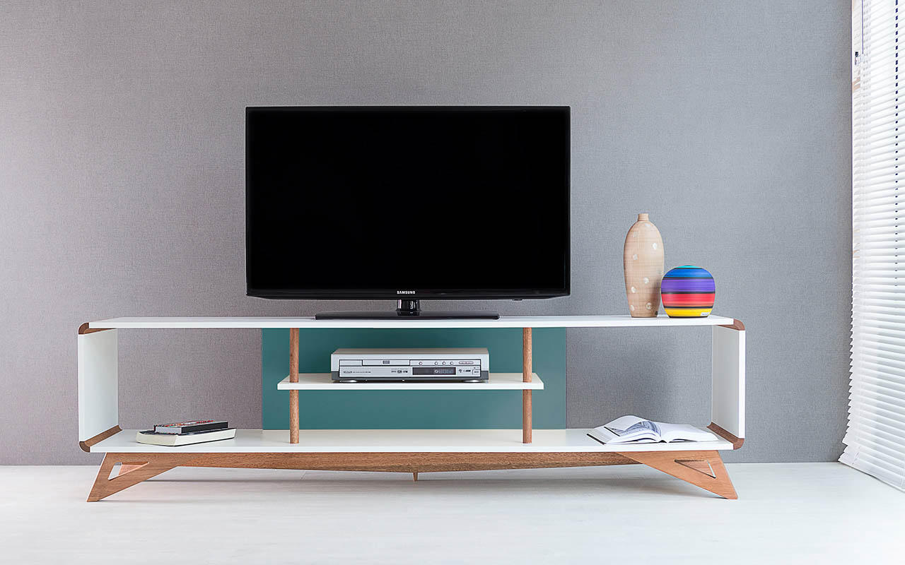 RACK TV RETRÔ VINTAGE BRANCO/AZUL PRESLEY 2 NICHOS 1,8M MDF COM PÉS ...