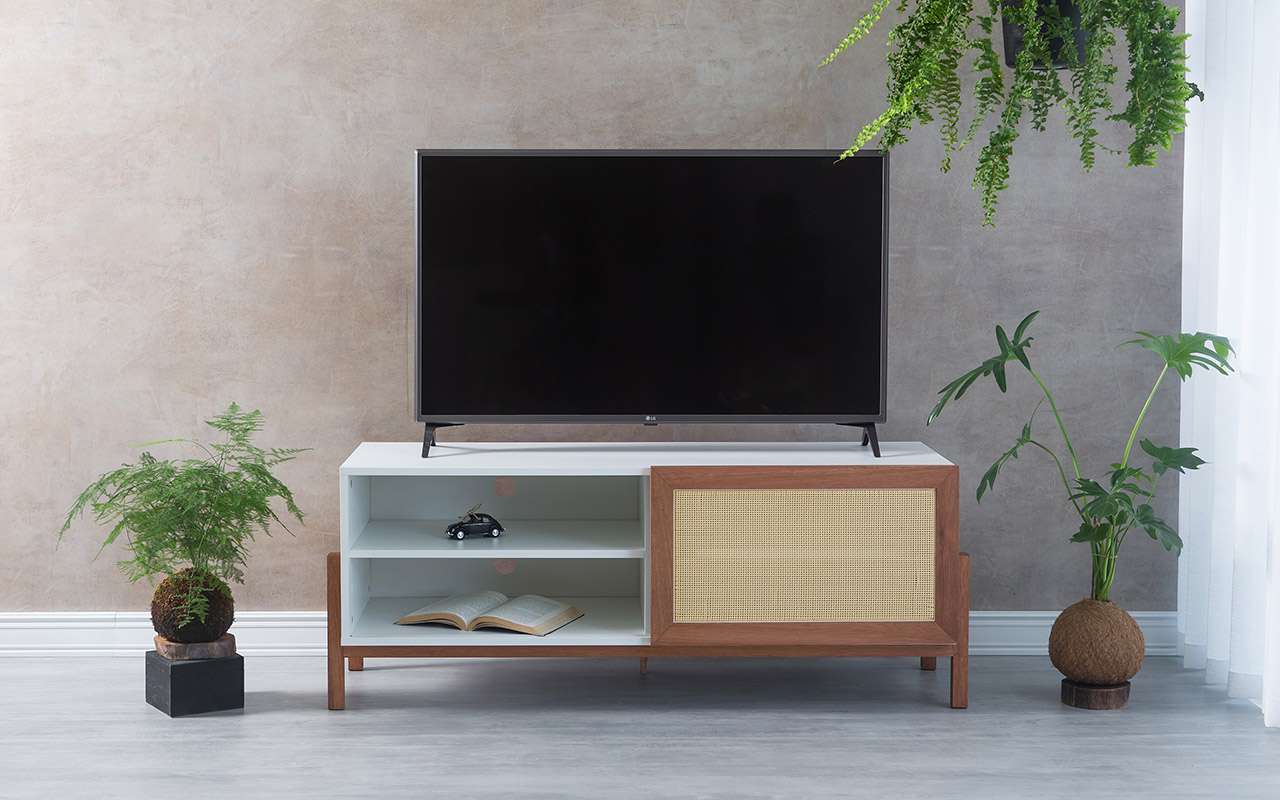 RACK PARA SALA BRANCO ERIC PORTA DE CORRER JATOBÁ E RATTAN 126x43,6x48 ...