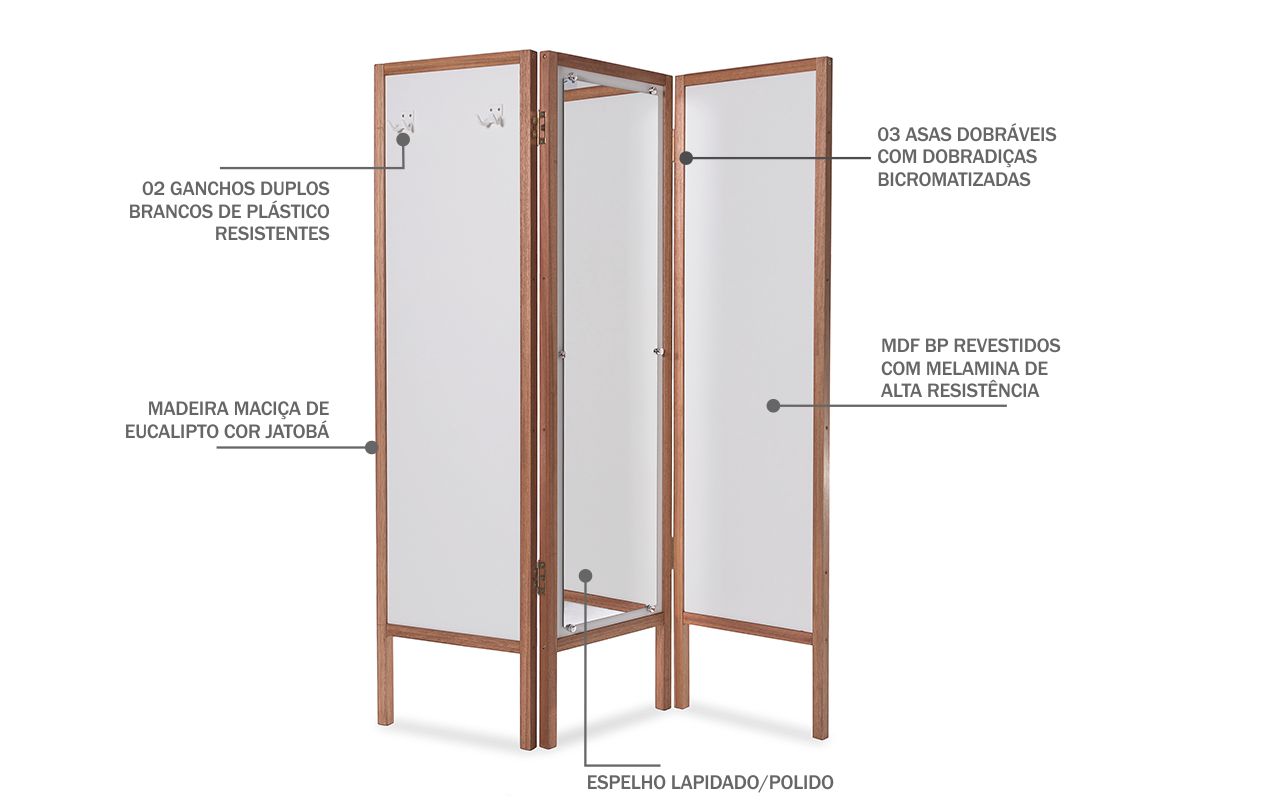 BIOMBO COM ESPELHO EM MDF E MADEIRA CABIDEIRO DIVISOR DE AMBIENTES AMMY ...