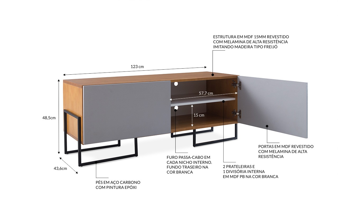 RACK PEQUENO PARA SALA COM 2 PORTAS CROSBY MDF FREIJÓ E CINZA 123X43 ...