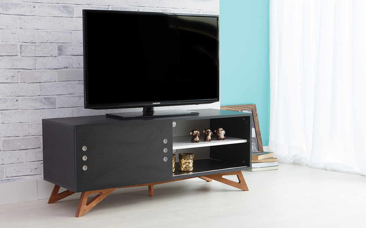 RACK PARA TV PRETO MODERNO VINTAGE RETRÔ COM PORTA DE CORRER PRETA ...