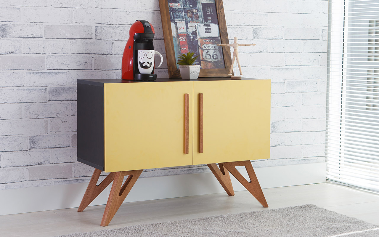 ARMÁRIO PÉS PALITO BUFFET PRETO 2 PORTAS AMARELAS PARA SALA DE JANTAR ...