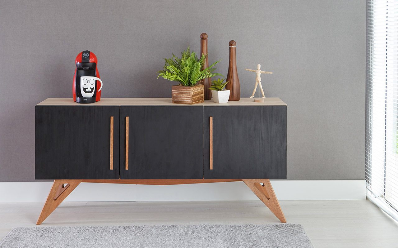 ARMÁRIO PÉS PALITO BUFFET MADEIRADO 3 PORTAS PRETAS PARA SALA DE JANTAR ...