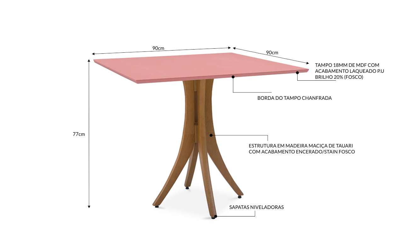 MESA DE JANTAR 4 CADEIRAS QUADRADA JULIETTE 90X90X77CM JATOBÁ E ROSA ...