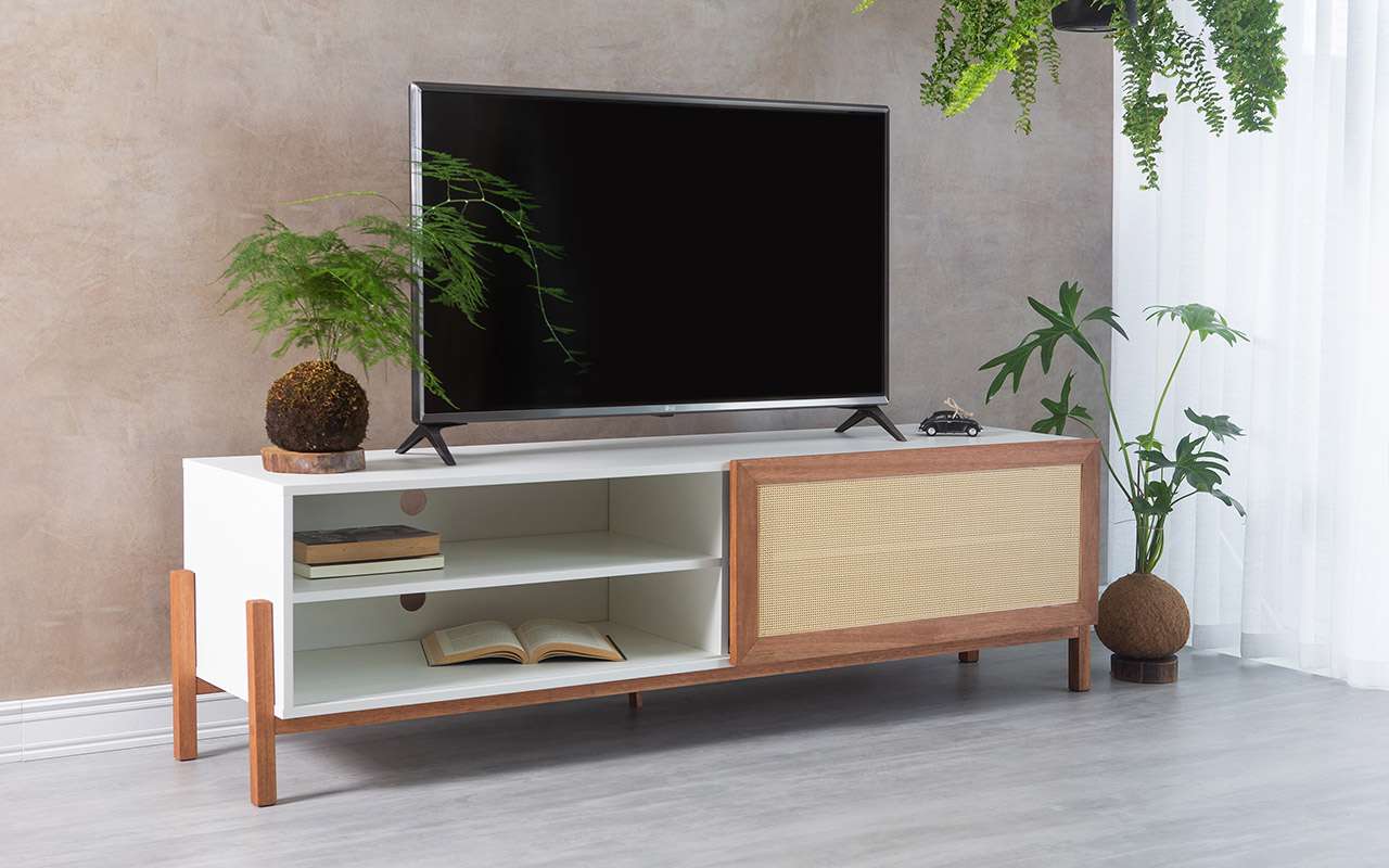 RACK PARA TV BRANCO MODERNO ERIC PORTA DE CORRER JATOBÁ E RATTAN 166x43 ...