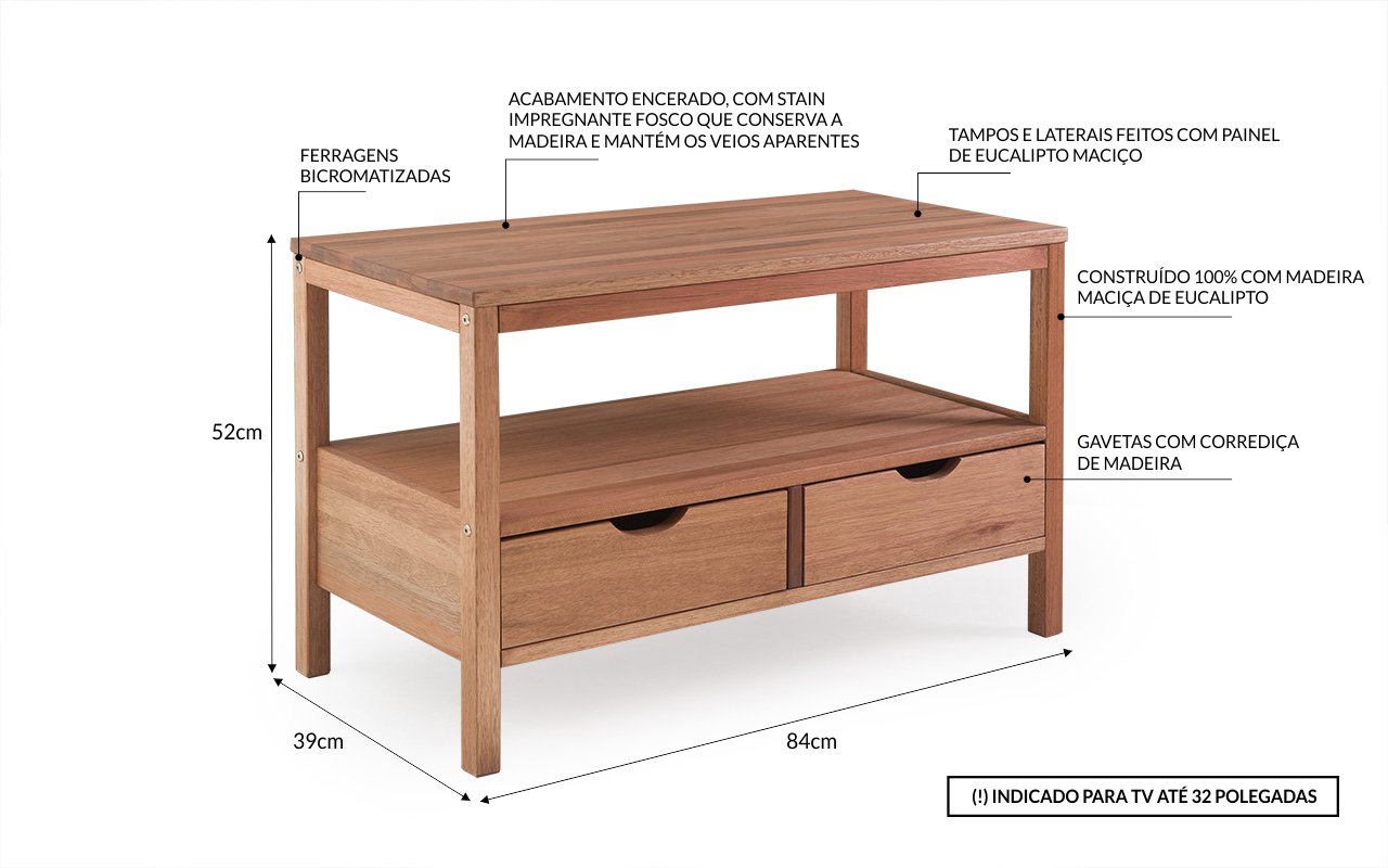 RACK PARA SALA PEQUENO DE MADEIRA MACIÇA AQUILES STAIN JATOBÁ 84x39x52 ...