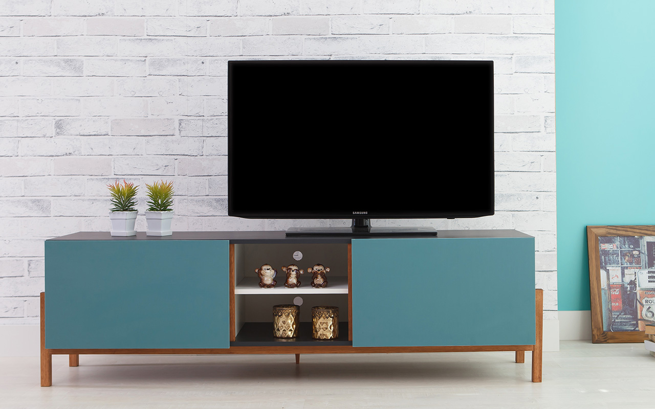 RACK PARA SALA PRETO MODERNO VINTAGE RETRÔ COM 2 PORTAS AZUL ERIC ...