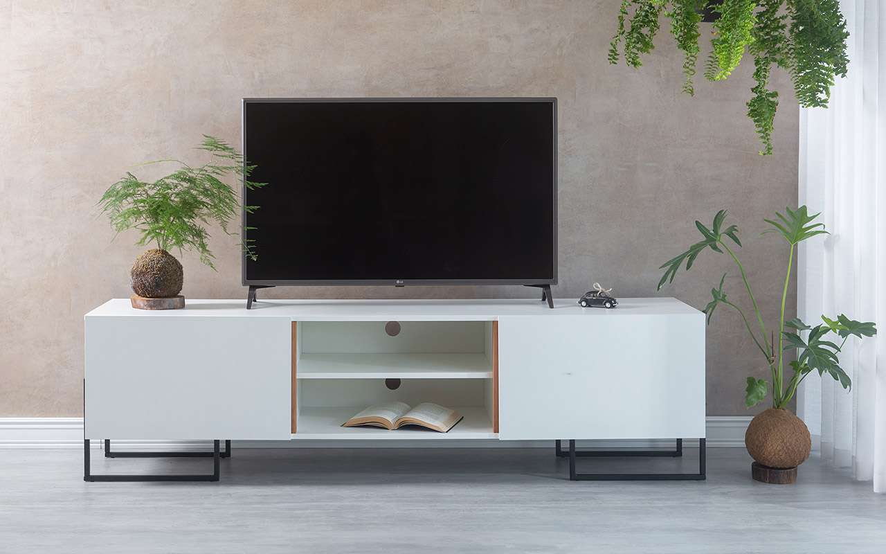 RACK PARA SALA DE TV 2 PORTAS ESTILO INDUSTRIAL CROSBY MDF BRANCO ...