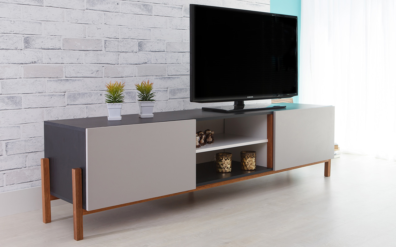 RACK PARA TV PRETO MODERNO VINTAGE RETRÔ COM 2 PORTAS CINZA ERIC 186x43 ...