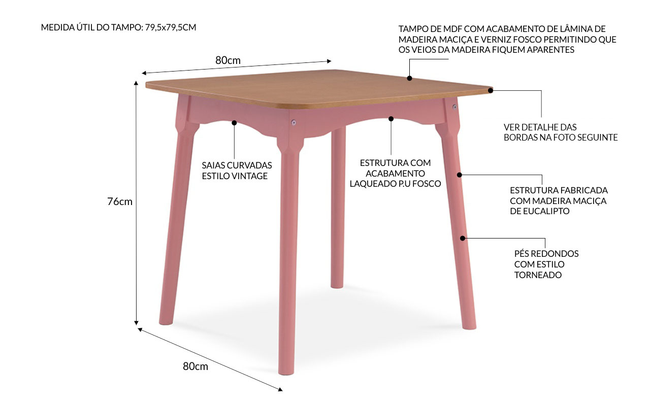 MESA VINTAGE COM CADEIRAS MIMO 80CM VERNIZ JATOBÁ E LACA ROSA CORAL ...