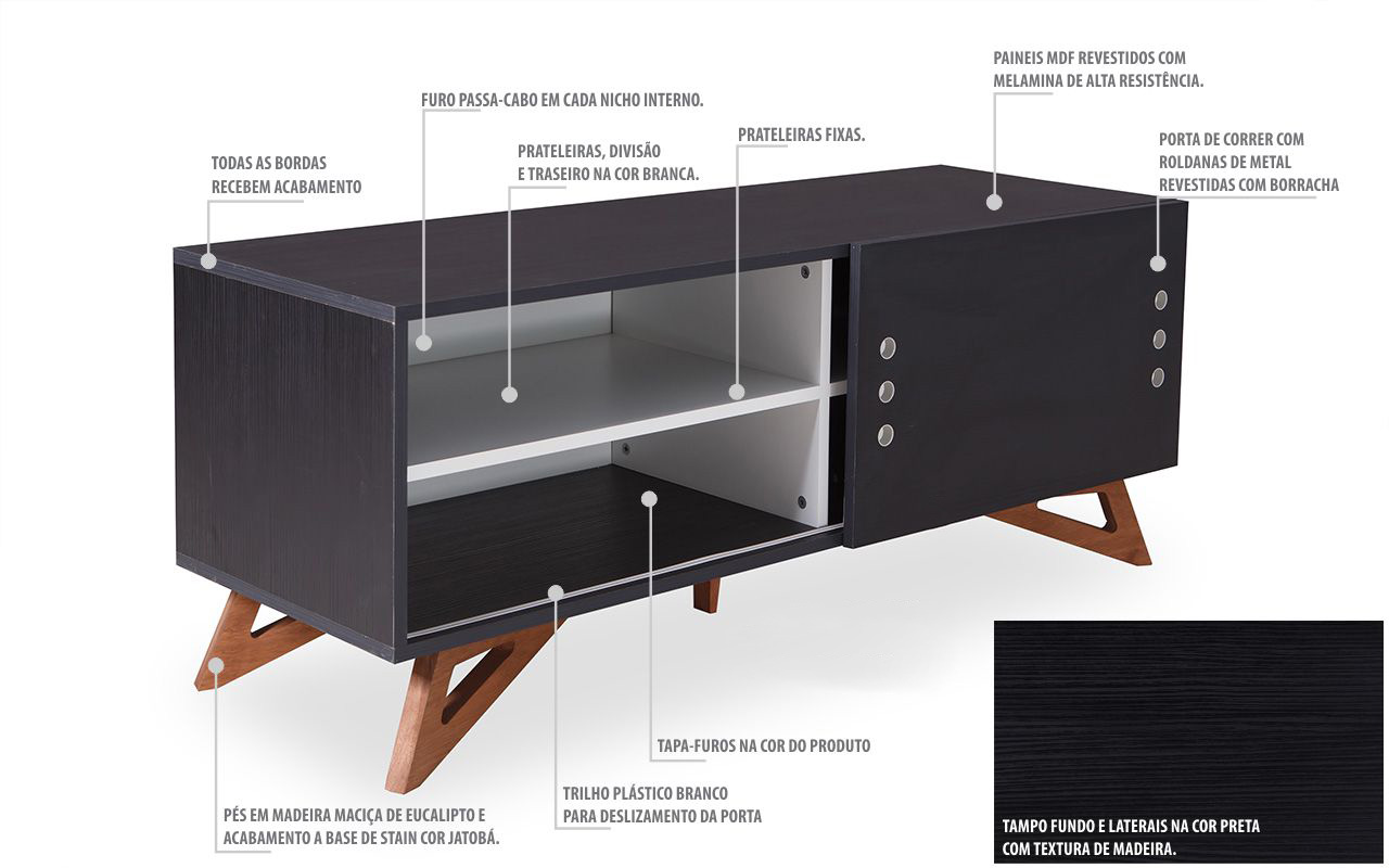 RACK PARA TV PRETO MODERNO VINTAGE RETRÔ COM PORTA DE CORRER PRETA ...