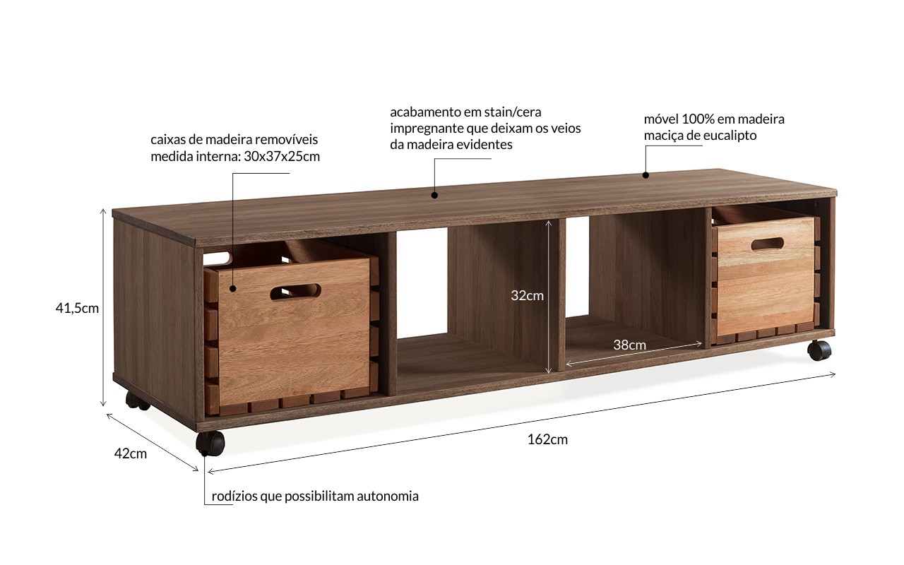 RACK PEQUENO PARA SALA DE MADEIRA MACIÇA HARVEST 162X42X41,5 CM - STAIN ...