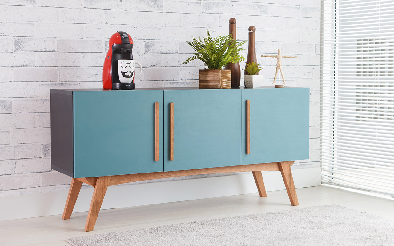 ARMÁRIO BALCÃO PARA SALA TIPO BUFFET PÉS PALITO PRETO 3 PORTAS AZUIS ...