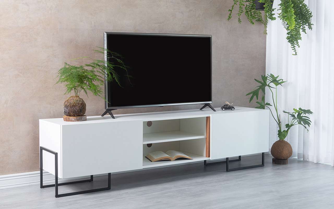 RACK PARA SALA DE TV 2 PORTAS ESTILO INDUSTRIAL CROSBY MDF BRANCO ...