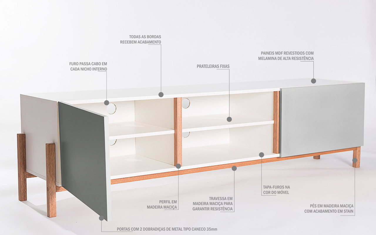 RACK TV CONTEMPORÂNEO-MODERNO ERIC 1800 MDF BRANCO PÉS MADEIRA COR ...