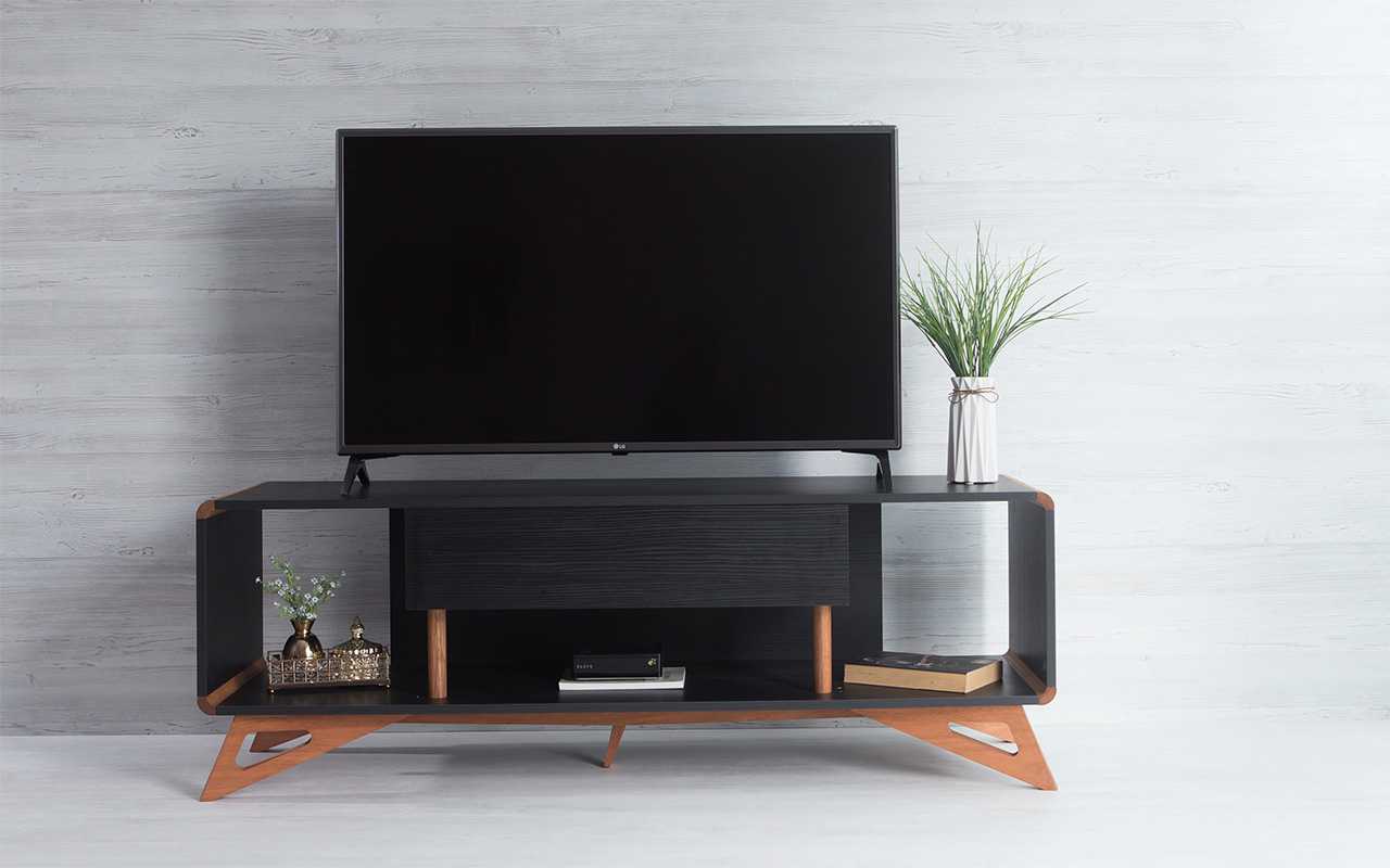 RACK PEQUENO PARA SALA PRESLEY PRETO 1 GAVETA STAIN JATOBÁ 140x40x48,5 ...