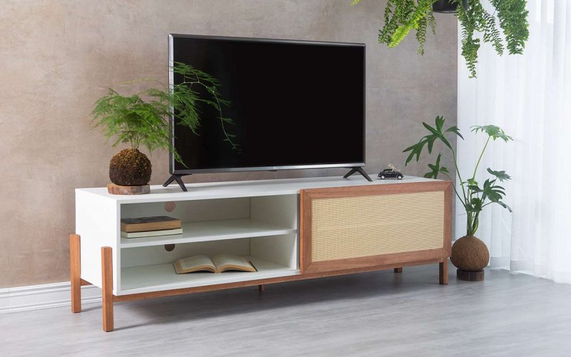 RACK PARA TV BRANCO MODERNO ERIC PORTA DE CORRER JATOBÁ E RATTAN 166x43 ...